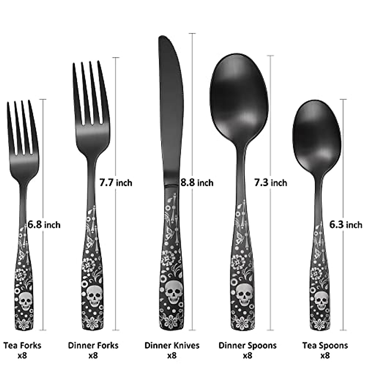 OIULO Pattern Matte Silverware Set for 8,40-Piece Gothic Matte Black Flatware set,Unique Pattern Design,Satin Finish Cutlery for 8,Halloween Skull Tableware Utensils for Kitchen Square