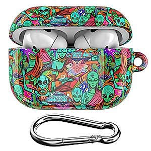 Hard Case Compatible with AirPods Pro 2 | AirPods Pro | AirPods 3 gen 2 1 Plastic Green Aliens Meditation Earpods Hook Trippy Psychedelic Cover with Keychain Portable UFO Shockproof Protective Design
