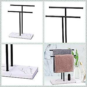 LKKL Hand Towel Holder - Double T Hand Towel Holder for Bathroom - Countertop Towel Stand Free Standing Towel Rack Bathroom Towel Hanging Rack with Resin Tray Base(Black/White)