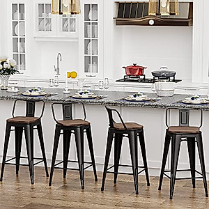 Changjie Furniture Swivel Metal Bar Stools Kitchen Counter Height Stools Industrial Barstools Set of 4 (Swivel 24 inch,Matte Black Wooden)