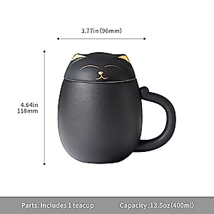 HEER Ceramic Tea Mug with Infuser and Lid, Cute Cat Tea Cup with Filter for Steeping Loose Leaf, Chinese Handmade Porcelain Teacup for Home Office. (Black)