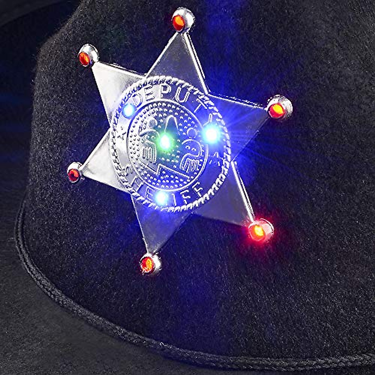 Black Sheriff Hat for Kids Boys and Girls - Light Up Cowboy Hat with Sheriff Blinking Badge and Draw String for Dress-Up and Play Costume Parties