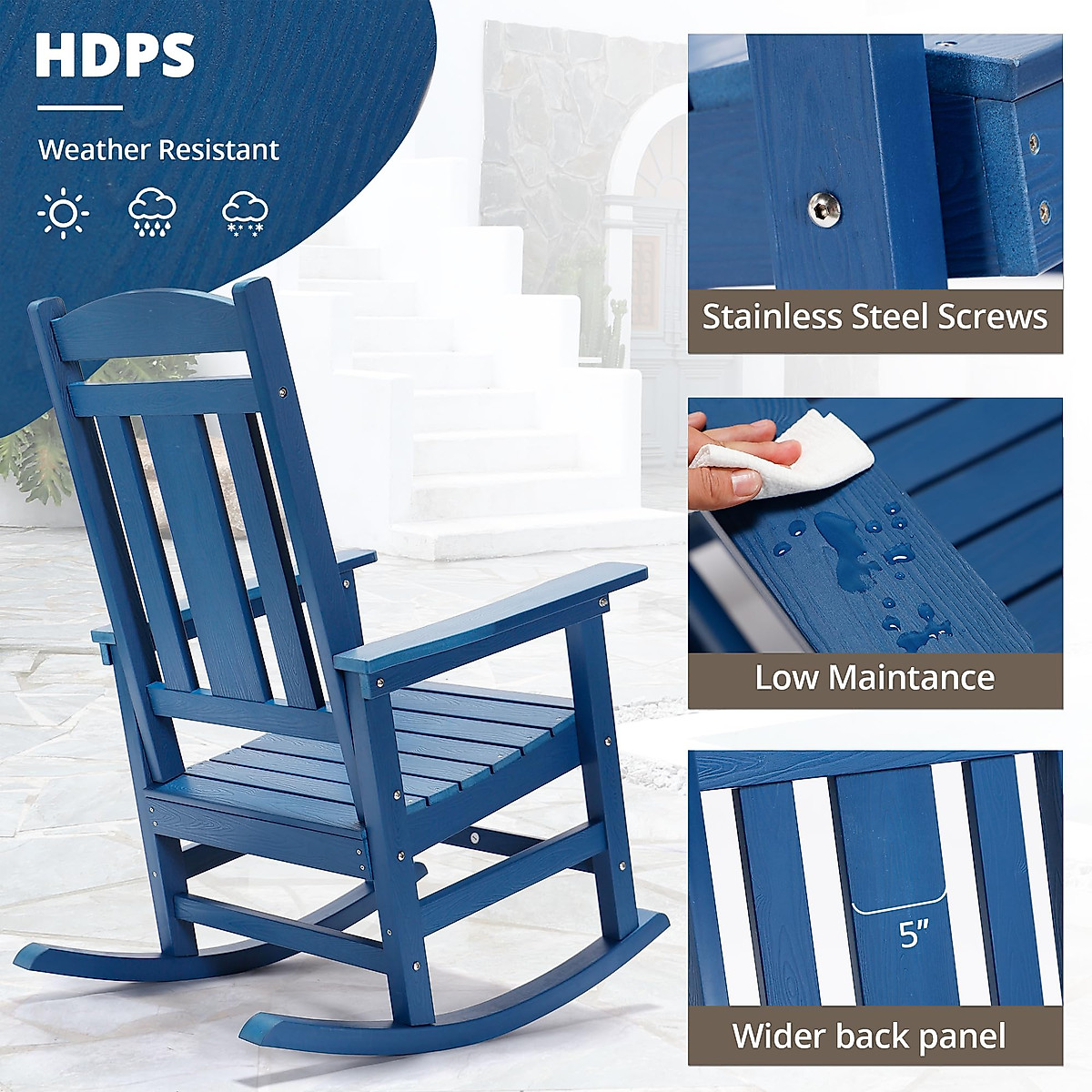 LUE BONA Outdoor Rocking Chairs Set of 2, Weather Resistant Poly Plastic Rocker Chairs, 350lb Heavy Duty, Oversized Porch Rocker for Adult, High Back Smooth Rocking Chairs for Outdoor & Indoor, Blue