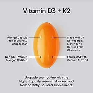Sports Research Vitamin D3 + K2 with 5000iu of Plant-Based D3 & 100mcg of Vitamin K2 as MK-7 | Non-GMO Verified & Vegan Certified (120ct)