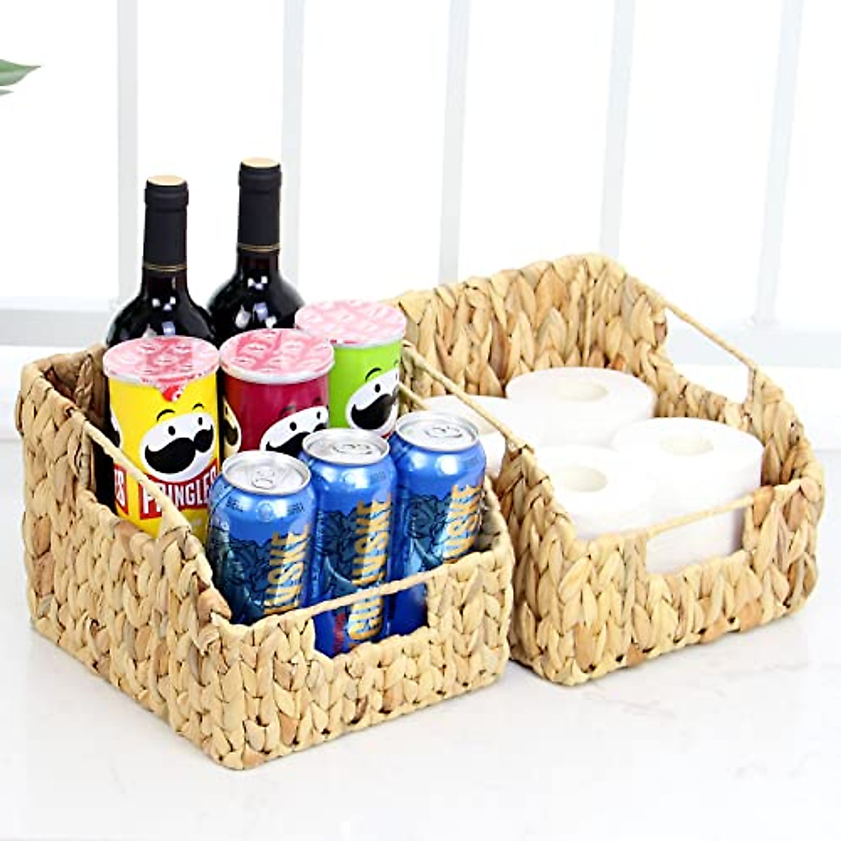 Casaphoria Square Irregular Hyacinth Storage Baskets Natural Hand Woven Water Hyacinth Snacks Basket Durable Rectangular Fruits Baskets with Built-in Handles Towel Toilet Paper Basket，2-Pack