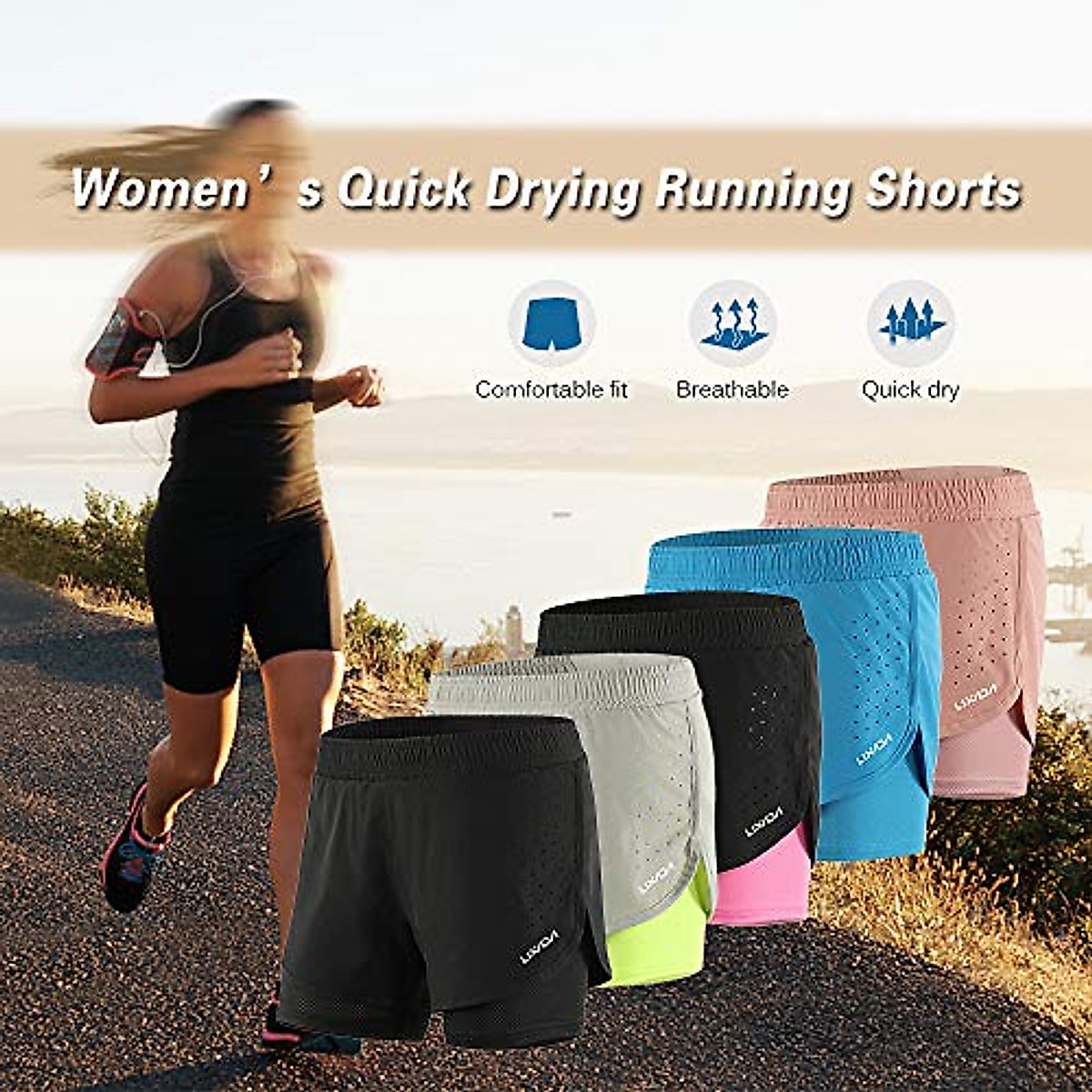 LIXADA Women's Running Shorts 2-in-1 Double Layer Elastic Waistband Workout Fitness Active Yoga Jogging Athletic Black