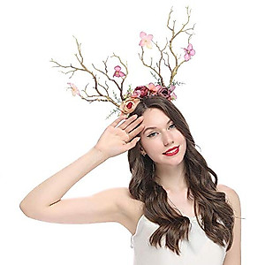 XIDAJIE Deer Antler Flower Crown Headbands Halloween Chritmas Long Antler Flower Branches Headband Props Horns Headpieces Hair Band Photo Shoot Forest Goddess Headdress Headwear, Light Brown