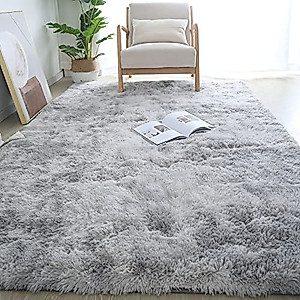 CAIYUECS Shag Area Rug,Indoor Ultra Soft Fluffy Plush Rugs for Bedroom Living Room, Non-Skid Modern Nursery Faux Fur Rugs for Kids Room Home Decor (Tie-Dyed Light Gray, 5x7 Feet)