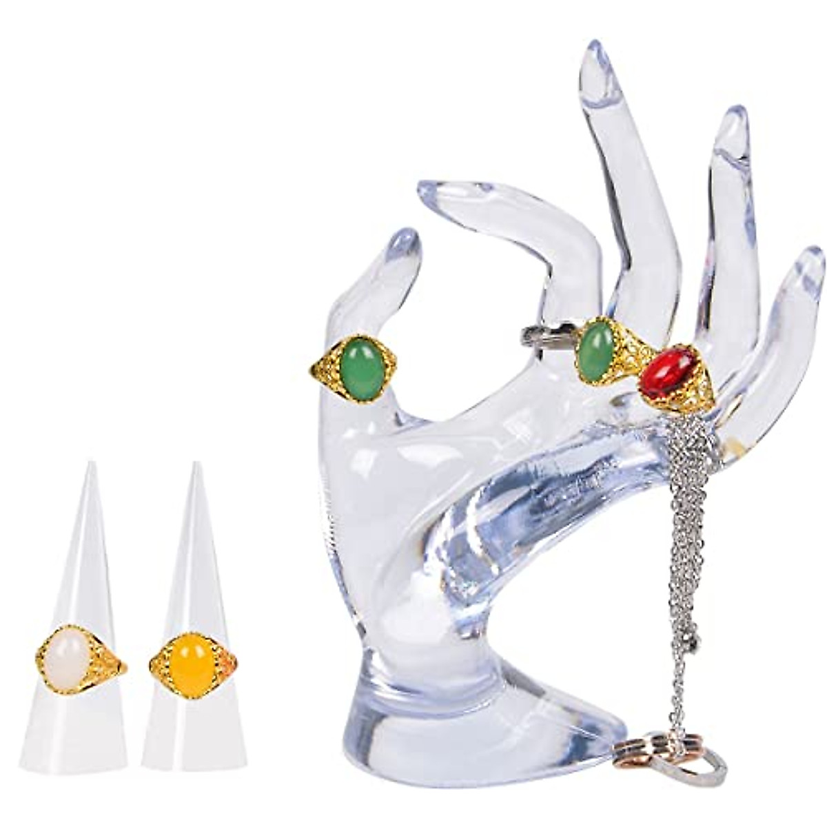 ChezMax Jewelry Display Holder, Hand Bracelet Ring Rack, Polyresin Necklace Stand, Women Mannequin Decorative Organizer, Transparent, for Home & Store, with 2 PCS Cone Ring Holder