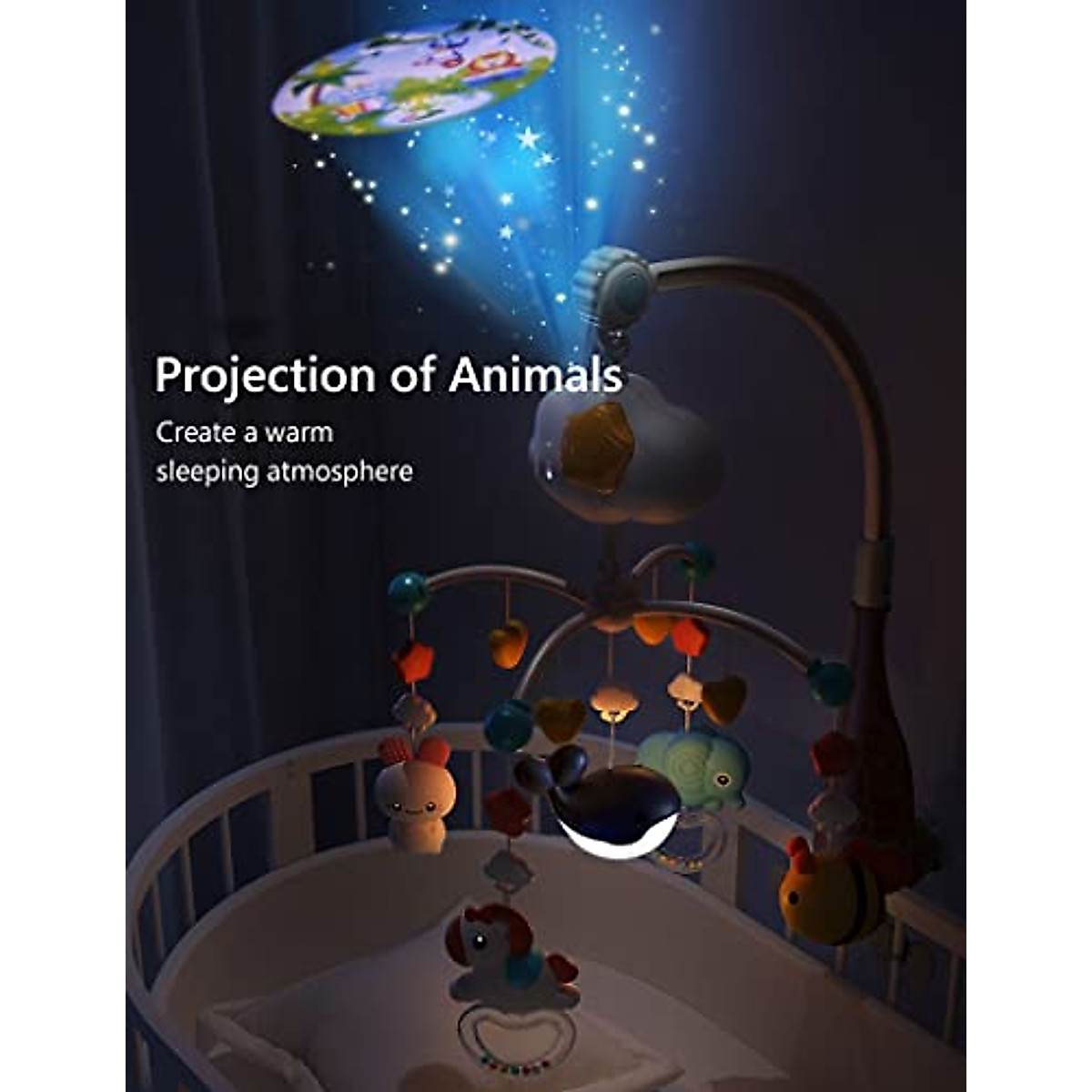 BSROLUNA Baby Crib Mobile with Music and Lights, Baby Mobile for Crib with Animals Projection, Hanging Rotating Animals Rattles, 19 Songs and lullabies, Cartoon Baby Crib Toys for Girls (Baby Pink)