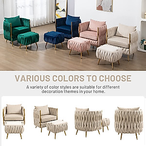 NIOIIKIT Modern Velvet Accent Chair with Storage Ottoman, Upholstered Hand Woven Lounge Chair with Pillow, Luxury Armchair, Vanity Chair for Living Room, Bedroom, Office (Beige)