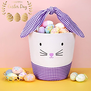 MY LIFFRI Easter Basket set for Kids, Large Canvas Bunny Bag with Carrot Card & Letters Stickers for Egg Hunt with Adjustable Rabbit Ear Handle for Baby Boy Girl Toddler, Purple