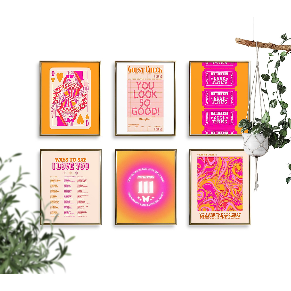 TwoDays Trendy Retro Wall Art, Pink Preppy Room Decor Aesthetic, Cute Teen Girls Apartment Lucky Queen Poster, Funky Affirmation Pictures, Angel Number Prints (8" x 10", Set of 6, UNFRAMED)