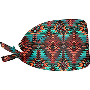 Vintage Aztec Working Cap Adjustable Native American Working Hat with Sweatband Scrub Cap Southwestern Navajo Bouffant Hat Cap Elastic Bandage Tie Back Hats Hair Covers for Women Men