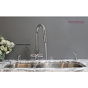 Westbrass KH41A-26 HotMaster 4 in 1 Single Handle Kitchen Faucet Only with Push Button Dual Spray Mode Pull Down Nozzle Head, Polished Chrome