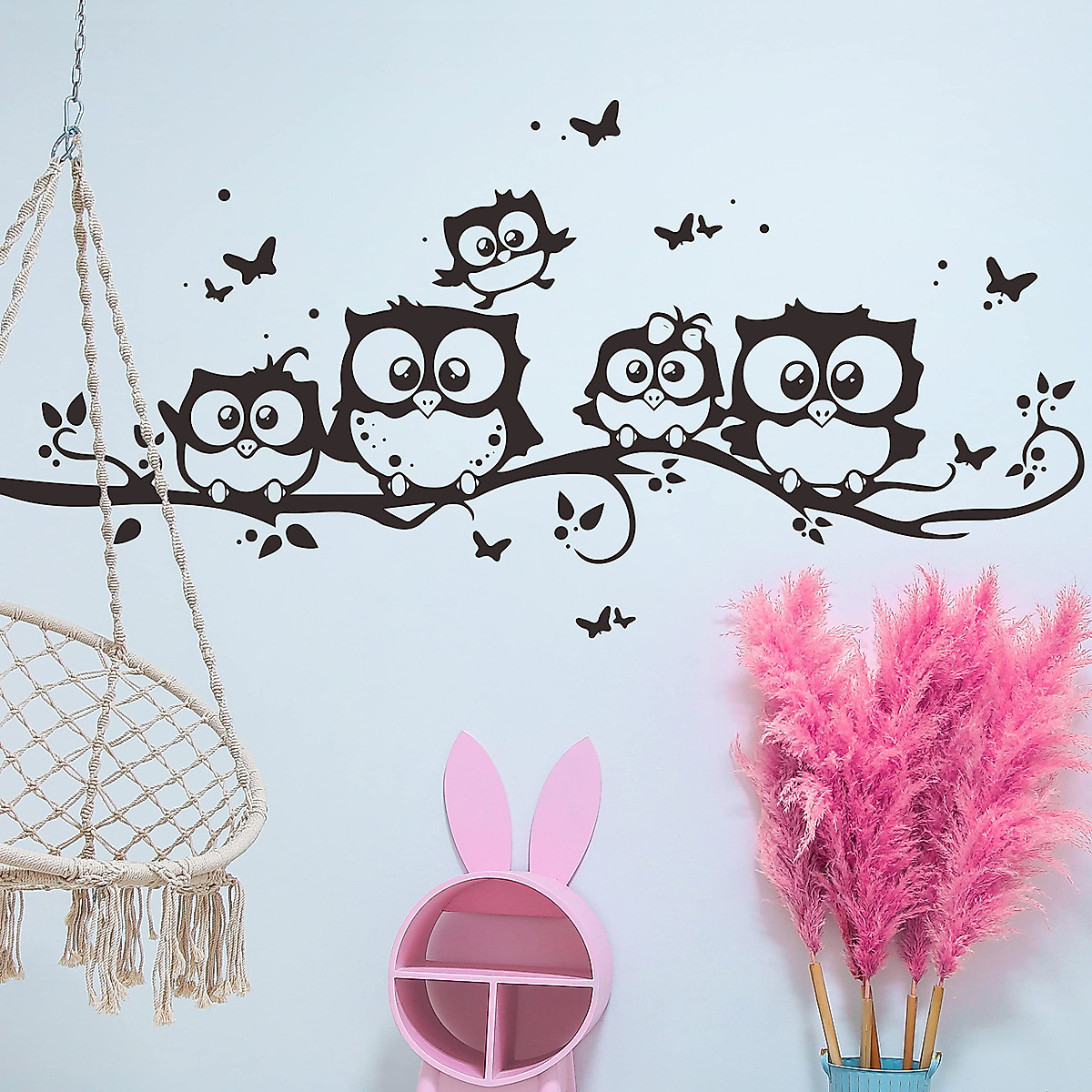 Family Owls On The Tree Branches Wall Decal Removable Cartoon Black Vinyl Owl Wall Art Decor Stickers for Babys Children Rooms Bedroom Living Room TV Background
