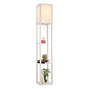 VONLUCE Floor Lamp, Etagere Standing Lamp with 3 Storage Shelves and Fabric Shade for Living Room Bedroom Office Decor, 62" Tall Corner Shelf Lamp for Books Plants (White)