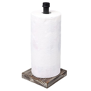 MyGift Industrial Brass Metal Pipe Paper Towel Holder Stand Kitchen Countertop Paper Towel Dispenser with Torched Solid Wood Base