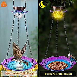MAGGIFT Solar Powered Bird Bath for Outdoor Hanging, Wild Bird Feeder Glass Flower Seed Tray Outside, Waterproof Birdfeeders Solar Garden Crackle Glass Ball Light Warm White LED Landscape Lighting