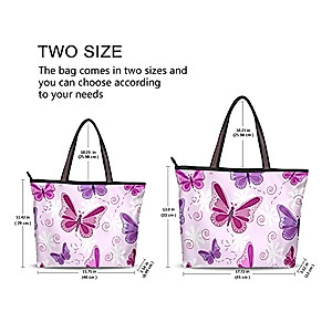 Tote Bag Art Purple Butterfly Print, Large Capacity Zipper Women Grocery Bags Purse for Daily Life 2 Sizes