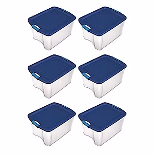 Sterilite 18 Gallon Latch and Carry Storage Tote Box Container, True Blue Lid and Clear Base with Blue Aquarium Latches (6 Pack)