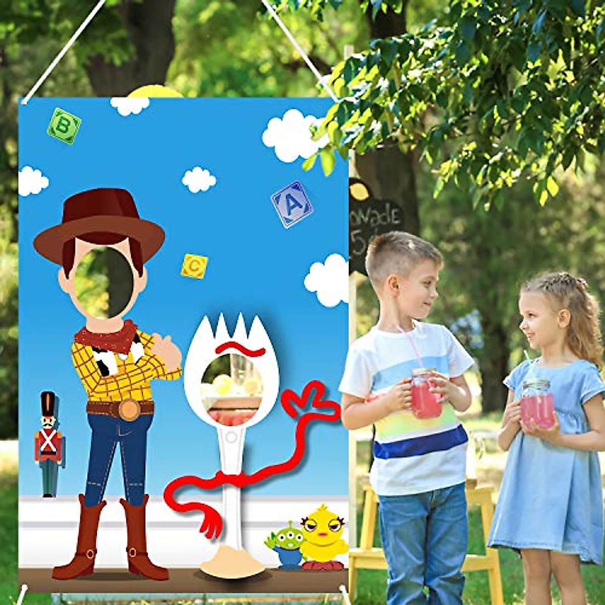 Ticiaga Toy 4th Photo Door Banner, Large Fabric Fork Face Photography Banner Background, Pretend Play Party Game Photo Props Backdrop Props, Toy Inspired Story Theme Party Favor Supplies