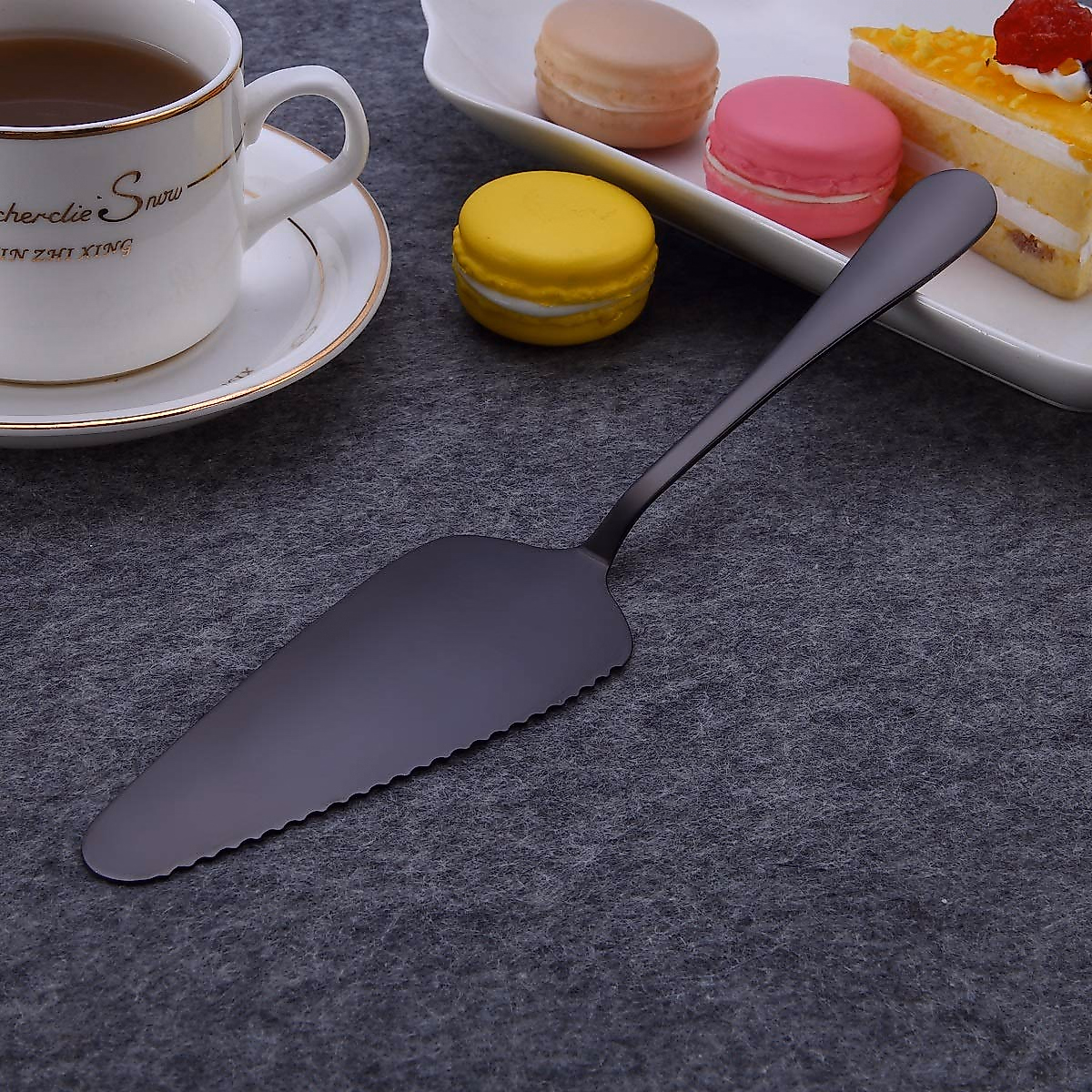 HOMQUEN 6-Piece Black Serving Flatware Silverware Set,Stainless Steel Serving Utensil Set,Include Cake Server, Slotted Serving Spoon, Serving Spoon, Cold Meat Fork, Butter Knife, Soup Ladle