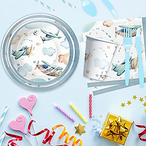 HIPVVILD Airplane Birthday Plates And Napkins Party Supplies - Airplane Party Decorations Tableware, Paper Plate, Cup, Napkin, Fork, Airplanes Birthday Baby Shower Decorations Dinnerware | Serve 24