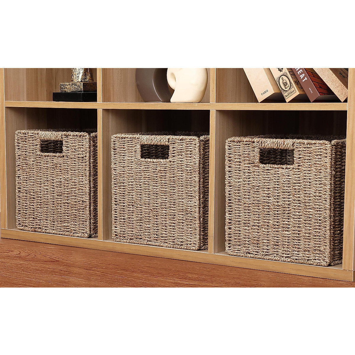 11x11x11in Seagrass Storage Baskets, Woven Baskets for Storage, Large Cube Wicker Storage Basket for Shelves Set of 3, Wicker Storage Basket, Bedroom, Living Room