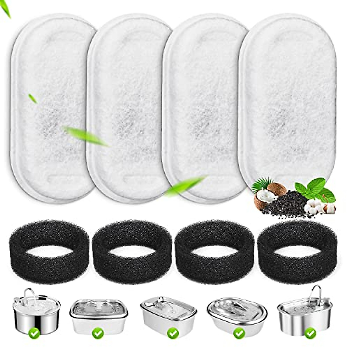 Cat Water Fountain Filters, 4 Pack Replacement Filters & Pre-Filter Sponges for 3.2L/108Oz & 67oz/2L Stainless Steel Pet Fountain, Drinkwell Carbon Filters for Automatic Cat Water Dispenser Water