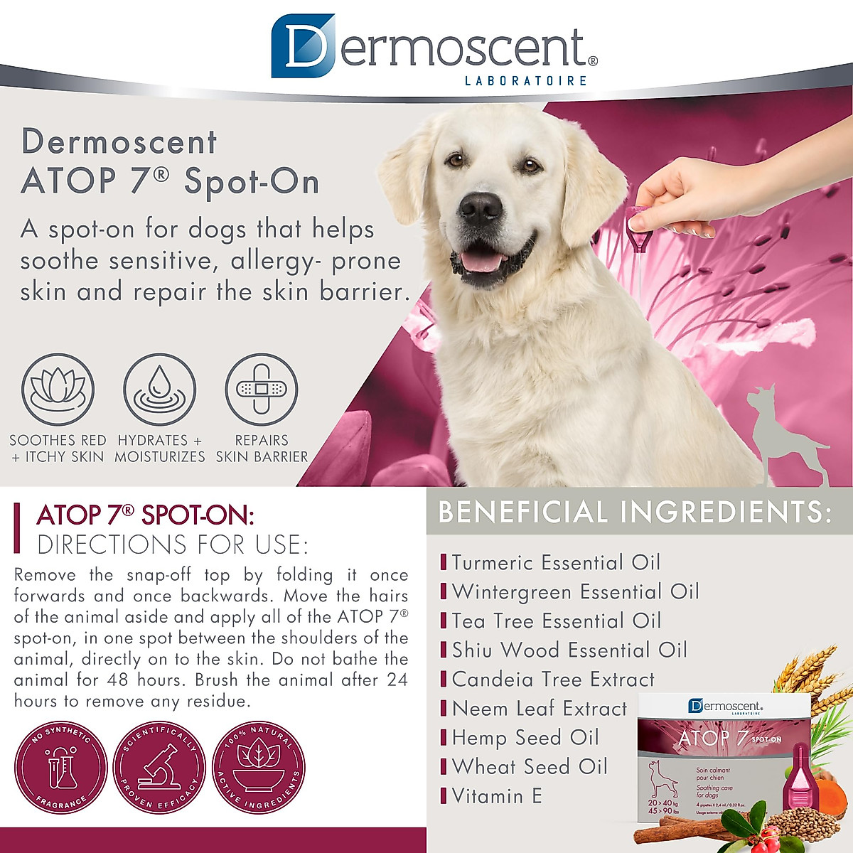 Dermoscent ATOP 7 spot-on - Large Dogs 45-90 lbs - Soothing Care for Sensitive, Dry and Itchy Skin or Allergy Prone Skin - Natural Ingredients - 4 pipettes