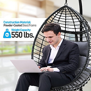 SereneLife Hanging Egg Chair with Stand - Indoor Outdoor Patio Wicker Rattan Lounge Chair with Stand, Steel Frame, UV Resistant Washable Cushions for Garden Backyard Deck Sunroom SLGZ0EGBL (Black)