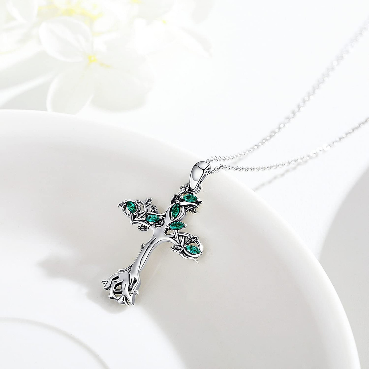 Aututer Celtic Cross Necklace Charm Sterling Silver Tree of Life Crucifix Pendant Family Tree of Life Cross Necklace for Women Emerald Celtic Cross Necklace Family