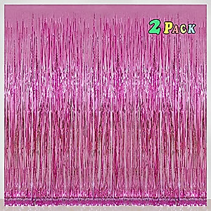 Pink Foil Fringe Curtains Tinsel Backdrop, Melsan 3.2 x 8 ft Metallic Tinsel Curtains Party Decorations for Baby Shower,Babbie, Mermaid Themed Birthday Party Backdrop - Pack of 2
