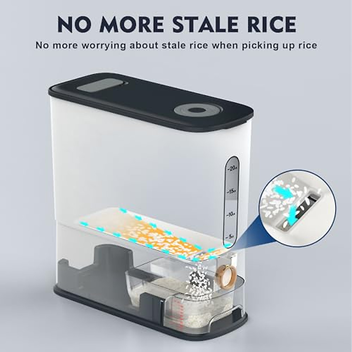 JOJOZOO 26.5 Lbs Rice Dispenser, Large Cereal Grain Storage Container with Measuring Cup & Time Scale, BPA-Free Household Rice Container, for Home Kitchen Pantry Organization