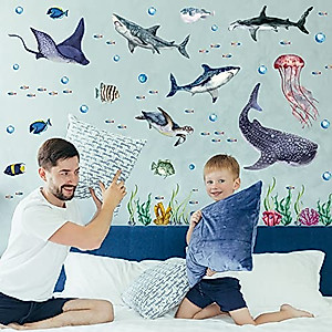 3 Pieces Large Watercolor Sharks Wall Decals Ocean Animal Peel and Stick Wall Sticker Under The Sea Marine Life Theme Decals Nursery Room Home Decor Boy Girl Kid Party Supply, 11.2 x 34.6 Inches