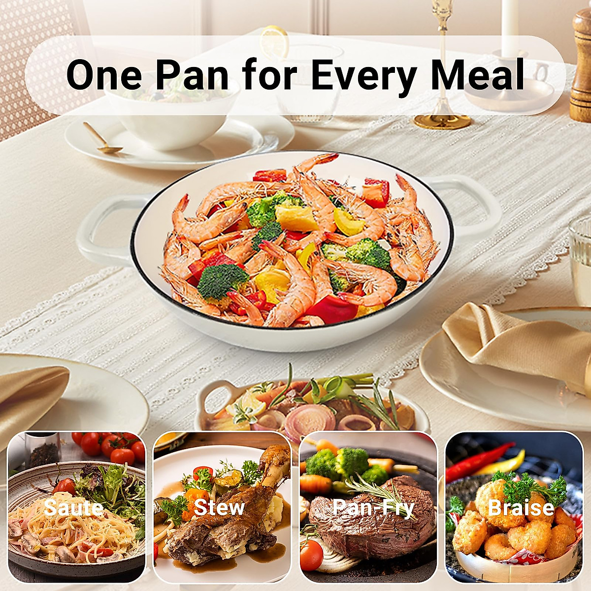 UFEH Enameled Cast Iron Dutch Oven, 3.8 Quart Dutch Oven Pot with Lid, Non Stick Dutch Oven Cast Iron Pot, Round Oven Safe up to 500°F for Marinate, Cook, Bake, Refrigerate and Serve – Cream White