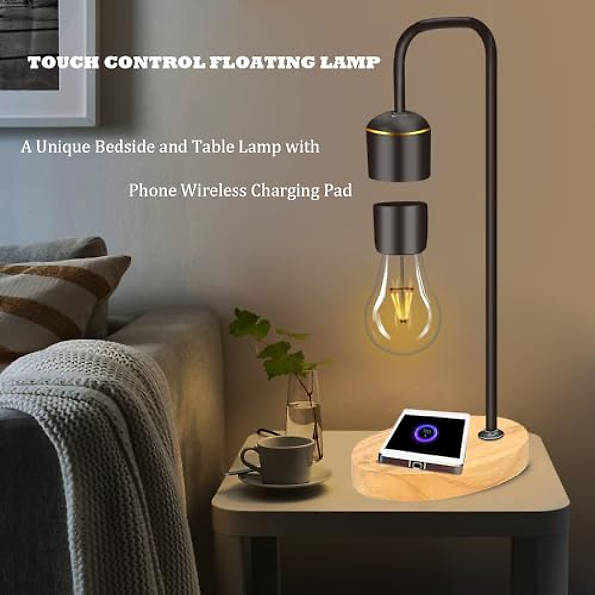 Floatidea Magnetic Levitating Light Bulb Levitation Real Wood Black Floating Desk Lamp LED Night Lights with Luxury Wireless Charging Pad (Apple/Android) for Christmas Gift