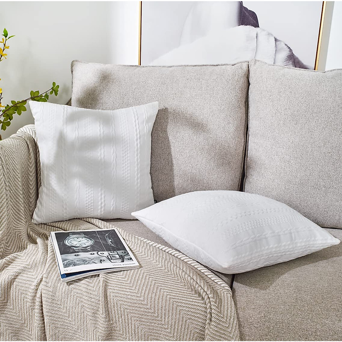 Booque Valley Pack of 2 Decorative Throw Pillow Covers, Ultra Soft Modern Braid Patterned Square White Cushion Covers Stretchy Pillow Cases for Sofa Couch Bedroom(18 x 18 inch, White)