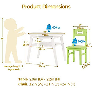 Bateso Kids Table and Chair Set, Toddler Wooden Round Table & 4 Chairs Set​ with Large Storage Space, 5-Piece Children Furniture Set for Home, Daycare, Playroom, Kindergarten