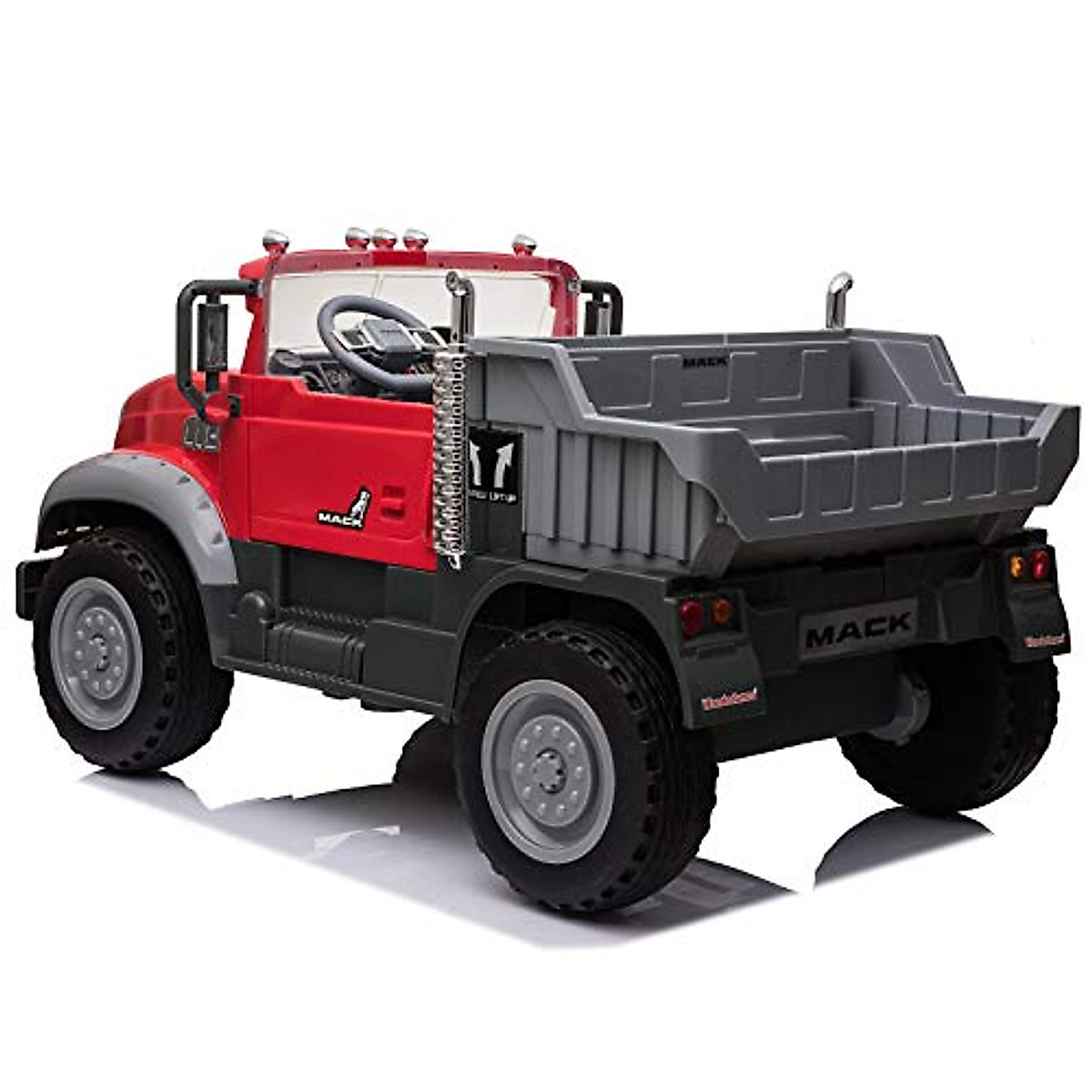 Mack Granite Dump Truck Two Seater Ride On in Red, 12V Battery Powered, Best for Kids/Children/Boys/Girls