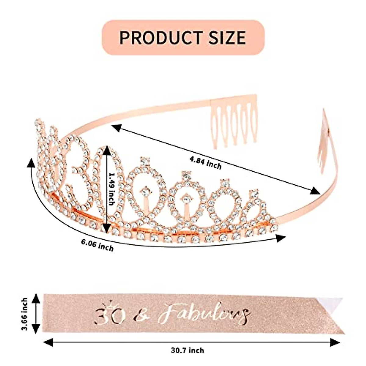 CIEHER 30th Birthday Crown + 30th Birthday Sash + Pearl Pin Set, 30th Birthday Decorations for Women 30th Birthday Gifts for Her 30 Cake Topper 30th Birthday Tiara Happy 30th Birthday Party Rose Gold