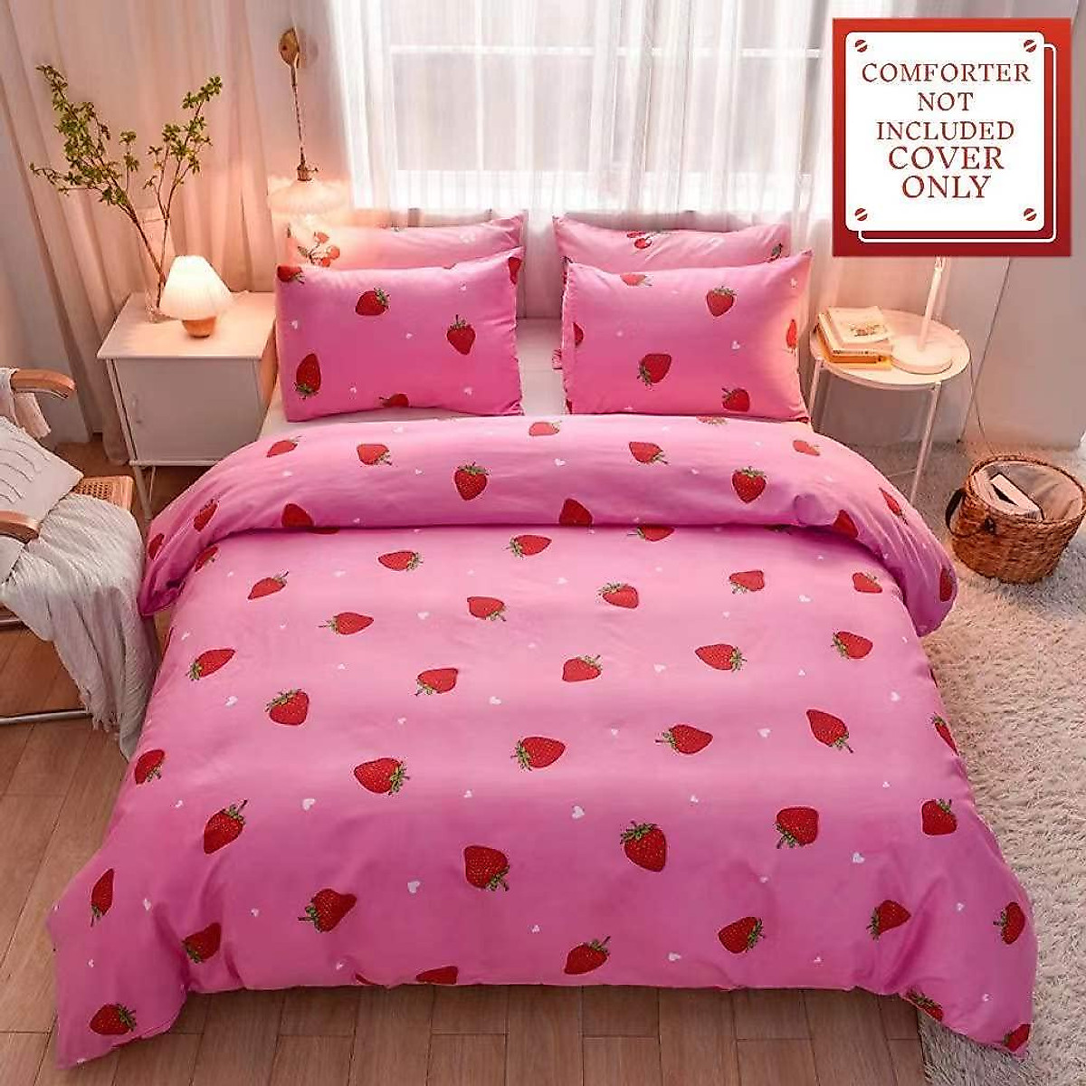 Lightweight Hotel Luxury Duvet Cover 3 Piece Set-Kids Kawaii Cute Fruit Strawberry Ultra Soft Premium Microfiber Breathable Comforter Cover with Zipper Closure, Corner Ties Full/Queen (90x90 inches) …