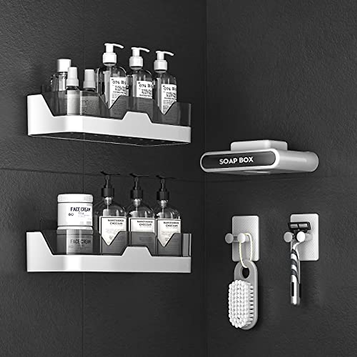 FOCUS FINEST Adhesive Shower Caddy, Shower Shelves with Soap Holder and Razor Hooks, Self Adhesive Bathroom Shelves(2 Pack), No drilling …
