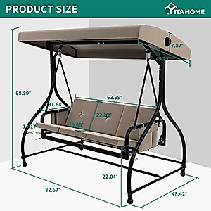 YITAHOME Outdoor Porch Swing, 3 Person Patio Swing Chair with Adjustable Canopy, Removable Cushion,Suitable for Garden, Poolside, Balcony,(Beige Grey)