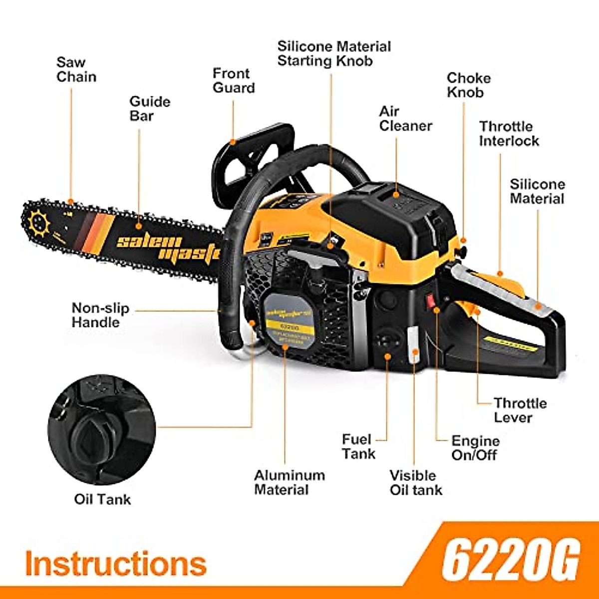SALEM MASTER 6220G 62CC 2-Cycle Gas Powered Chainsaw, 20-Inch Chainsaw, Handheld Cordless Petrol Gasoline Chain Saw for Farm, Garden and Ranch