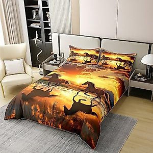 jejeloiu Horse Duvet Cover Set 100% Cotton King Size Galloping Horse Bedding Set for Kids Boys Girls Teens Cute Animal Decor Comforter Cover Super Soft Sunset Farmhouse Cotton Duvet Cover 3Pcs