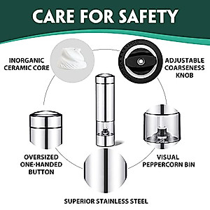 Electric Salt and Pepper Grinder Set - Kitexpert Battery Operated Pepper Mill with Light - One Handed Operation with Large Button - Up to 5 Adjustable Grinding Levels
