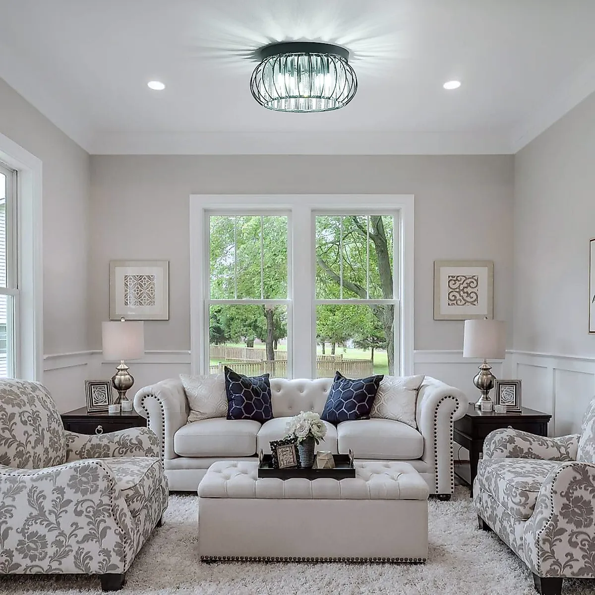 BUXVRCS Modern Crystal Chandelier, 4-Light Flush Mount Ceiling Light Fixtures, Overhead Light Fixture Black Ceiling Lamp for Hallway Bedroom Bathroom Living Room Kitchen G9 Socket