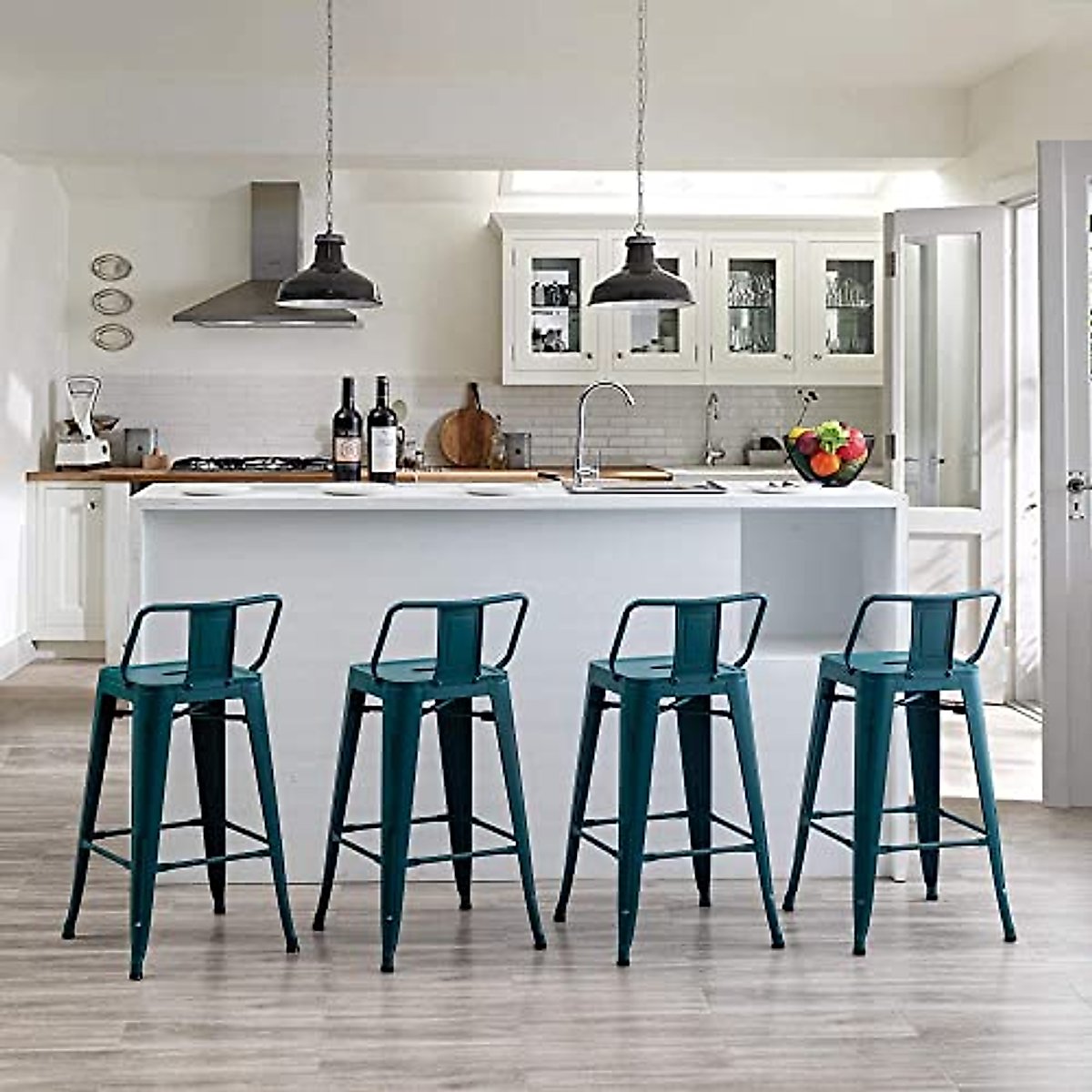Andeworld Distressed Bar Stools Set of 4 Industrial Counter Stools Metal Barstools with Backrest (30 Inch, Distressed Design Teal)